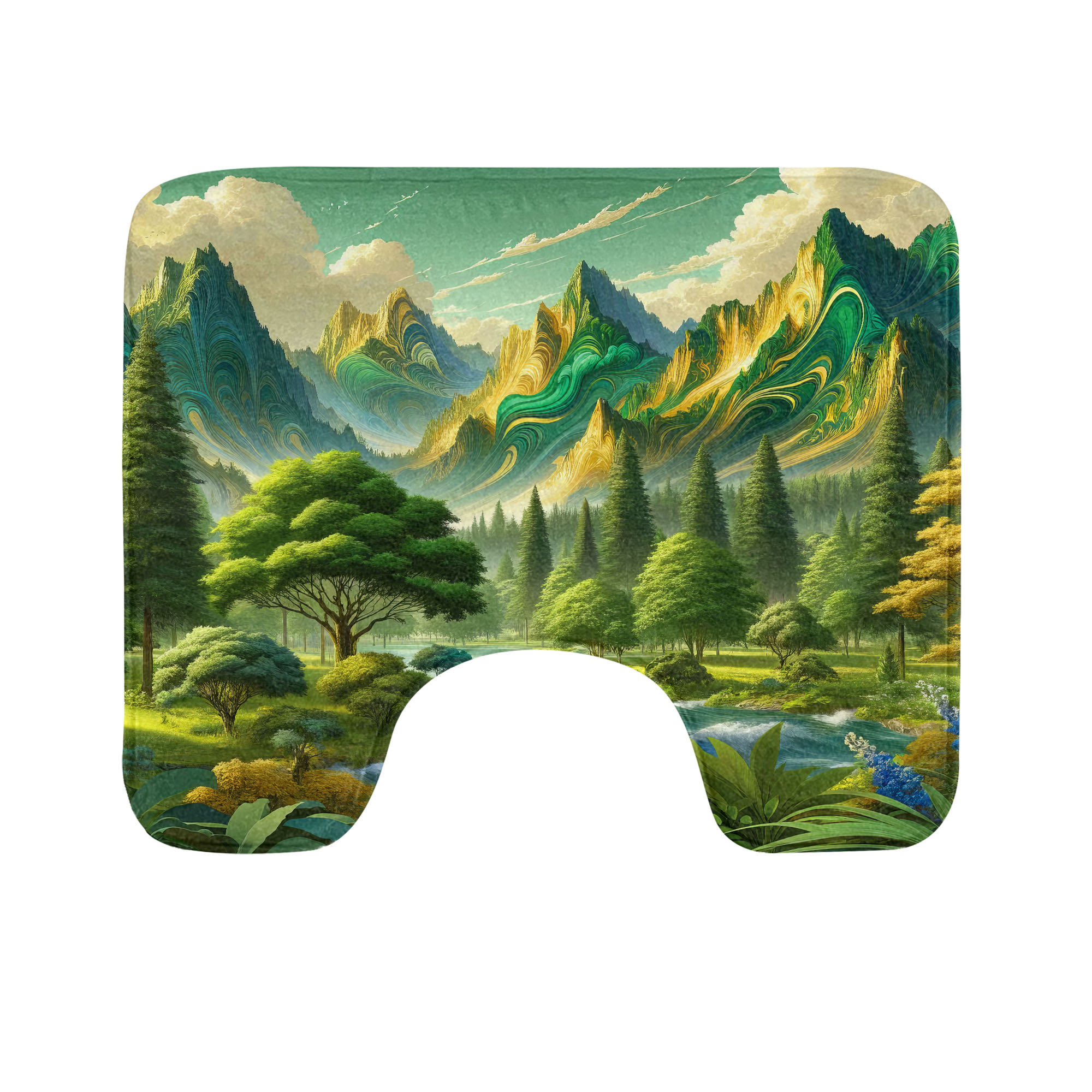 Dakota Fields Mountain Toilet Mat U-Shape Bathroom Rug 20" Fern Green Ivory Blue | Wayfair